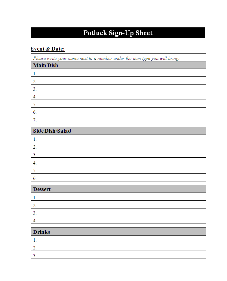 Potluck Sign Up Sheet Templates Activity Shelter