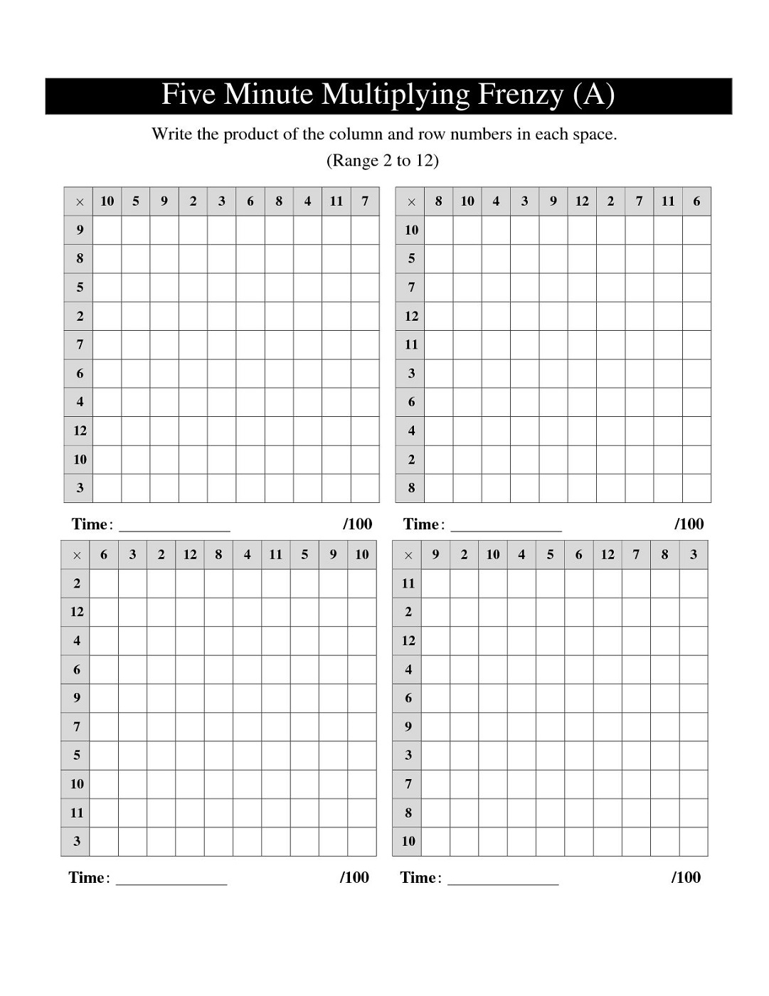 Printable Times Table Drill Activity Shelter