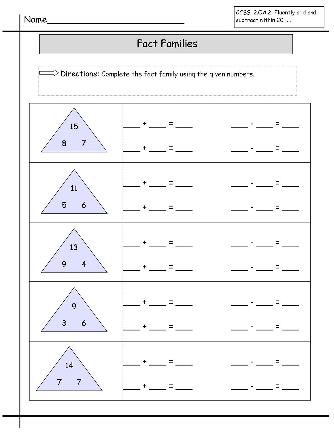 Fact Family Triangle Worksheets Activity Shelter