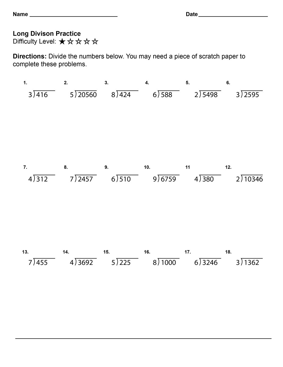 Long Division Worksheet 4th Grade